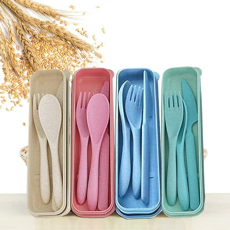 4 Sets Wheat Straw Portable Cutlery Reusable Spoon Knife Forks ...
