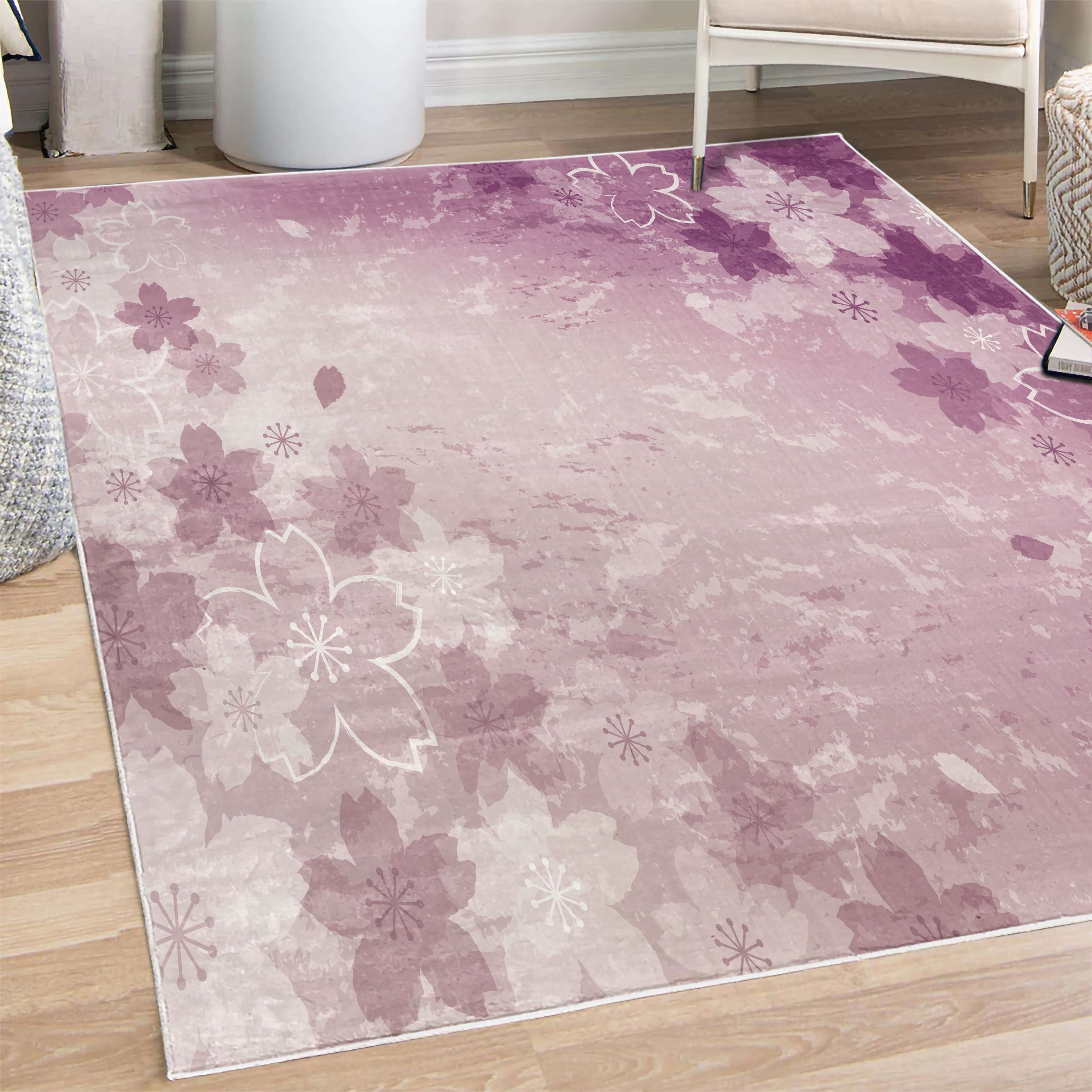 Nature Decorative Rug, Cherry Blossoms Pattern in Shabby Form Style ...