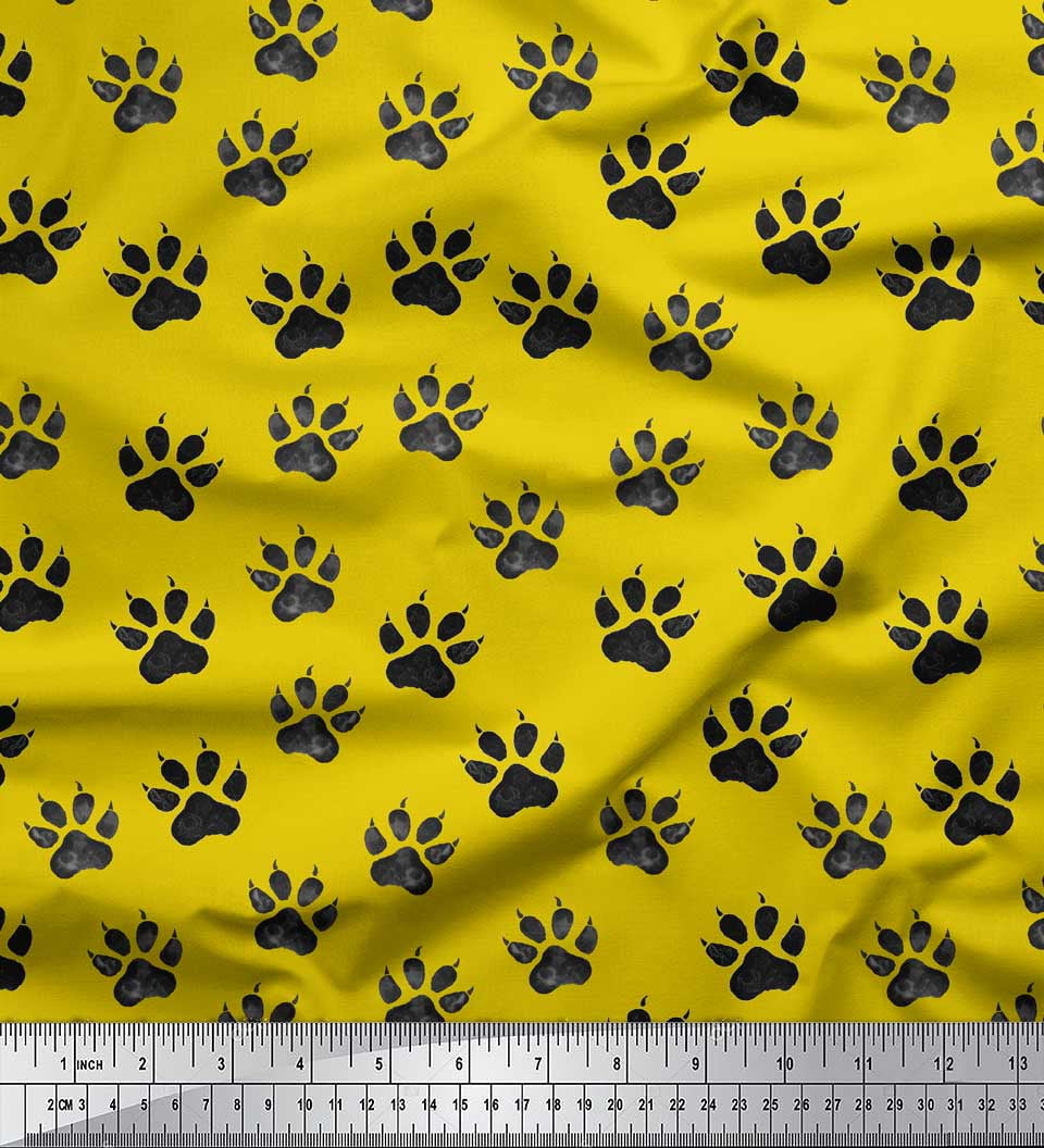 Soimoi Yellow polyester Crepe Fabric Lion Stencil Foot Animal Print ...