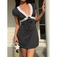 Black Womens Deep V-Neck Lace Trim Polka Dot A-Line Short Dress For ...