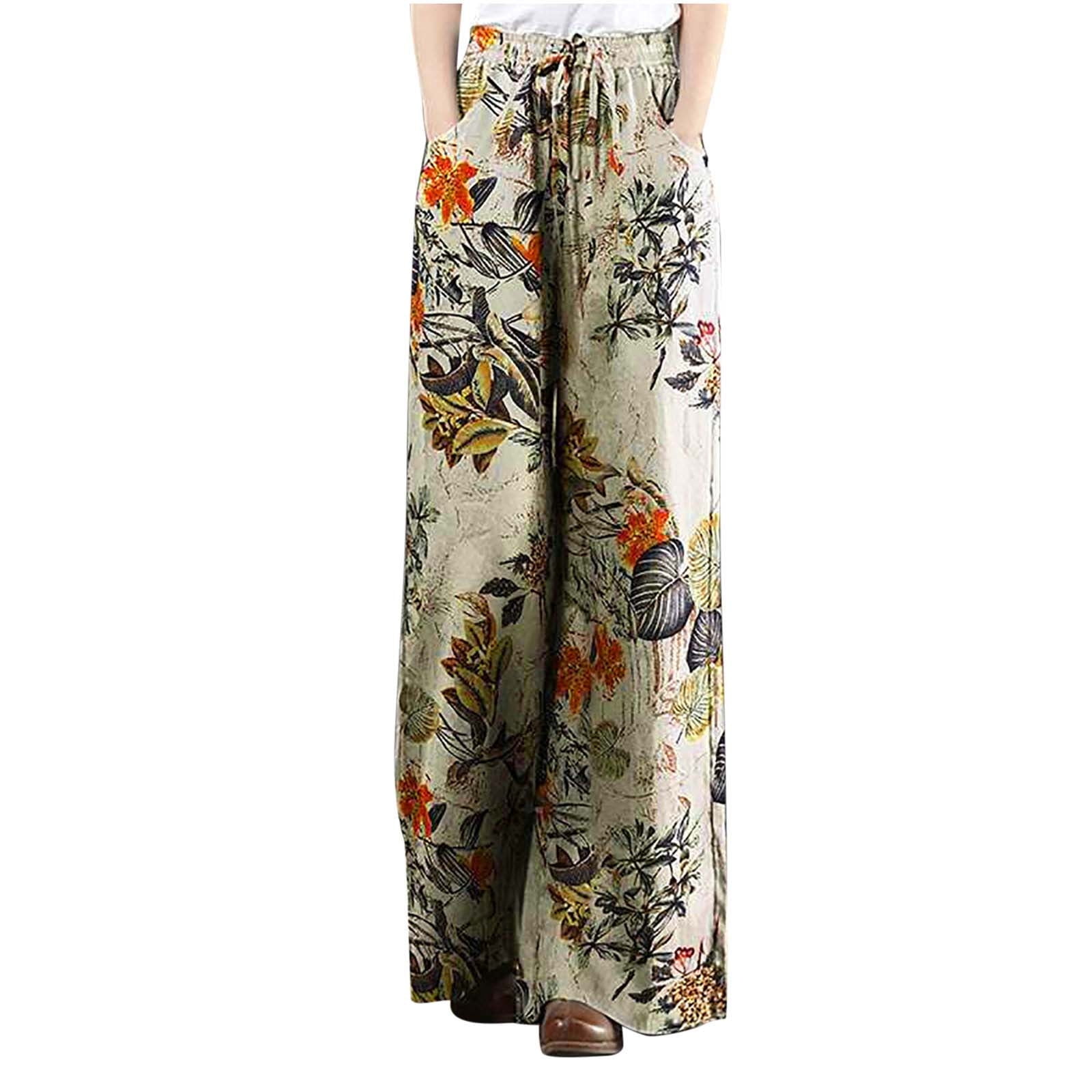 Womens Floral Cotton Linen Pants Plus Size High Waisted Straight Wide ...