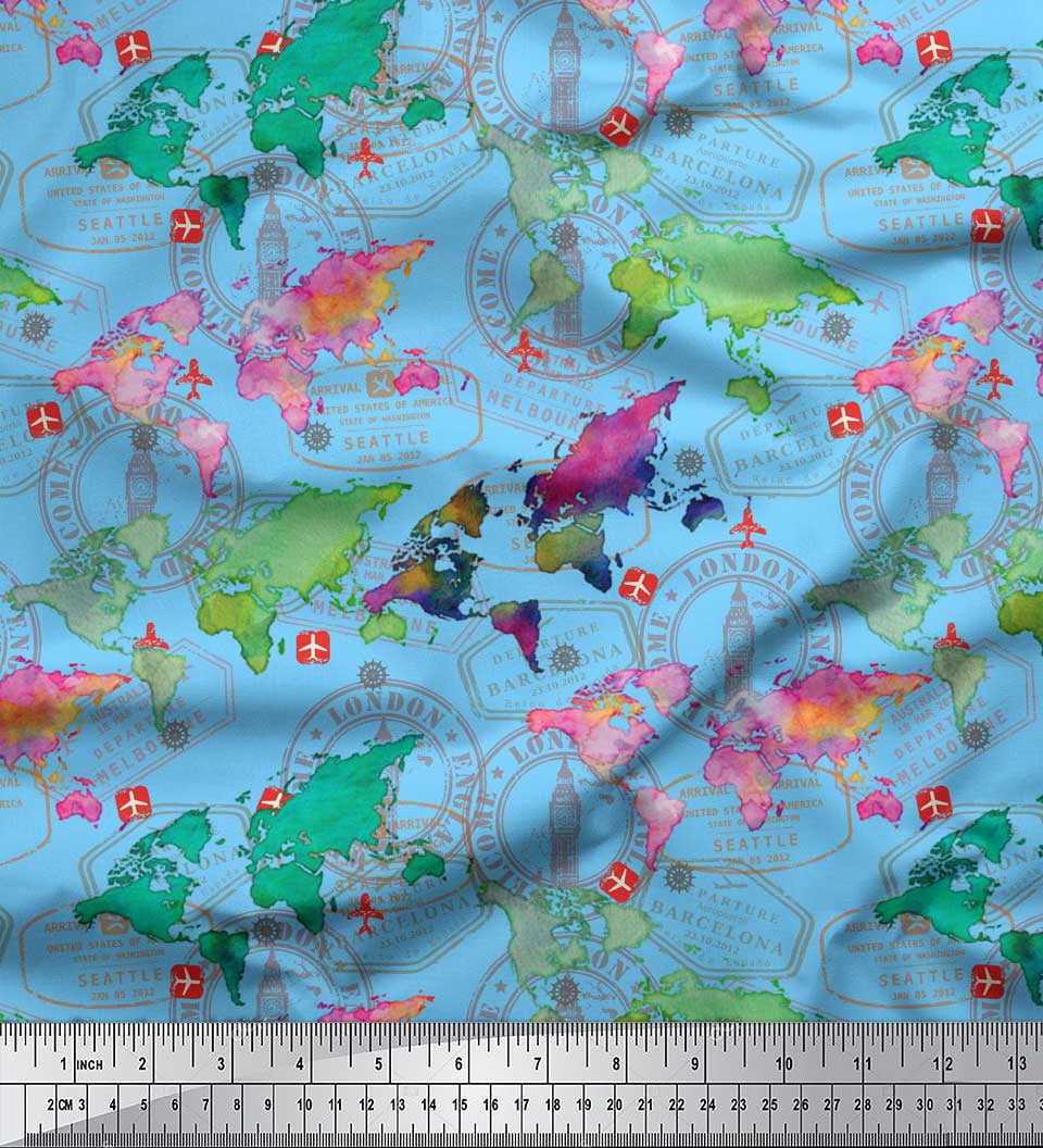 Soimoi Blue Rayon Fabric Stamp & World Map Print Fabric by the Yard 42 ...