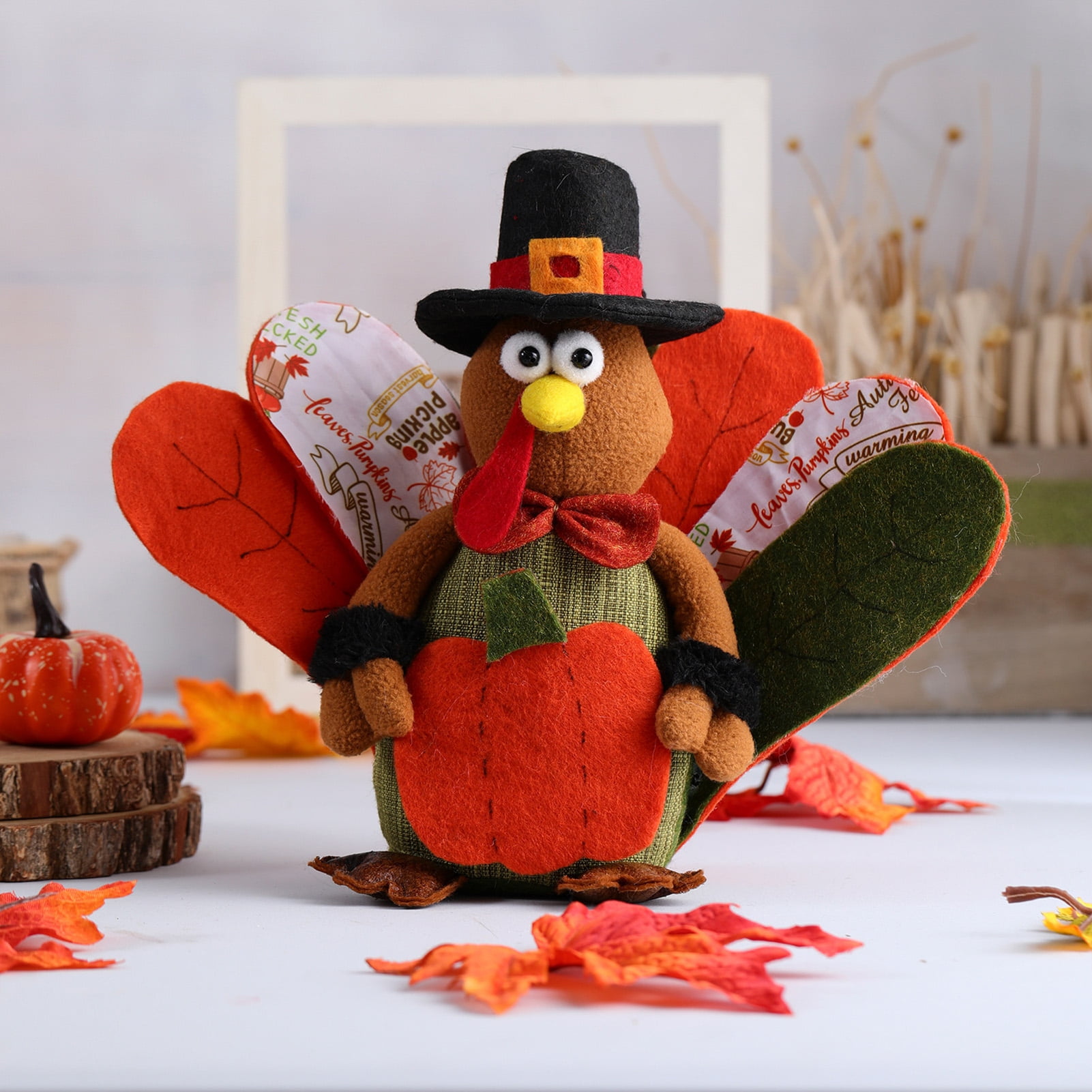 Visland Turkey Toy Pumpkin Holding Colorful Tail Hat Wearing Pumpkin ...