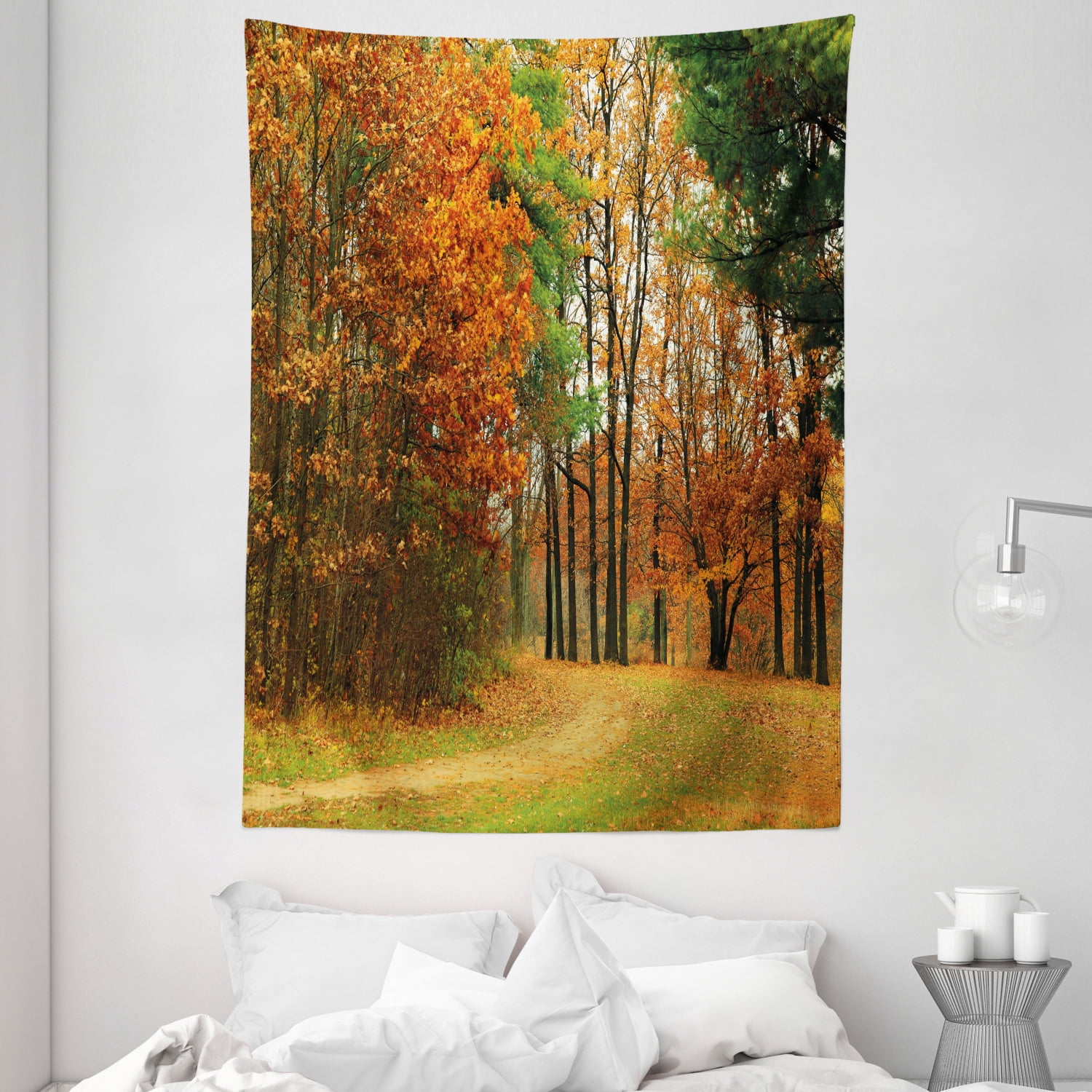 Fall Tapestry, Cloudy Overcast Day in September Shrubs Pines Sidewalk ...