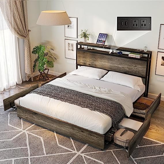 LUXOAK King Size Bed Frame with 4 Storage Drawers, Wooden Platform Bed ...