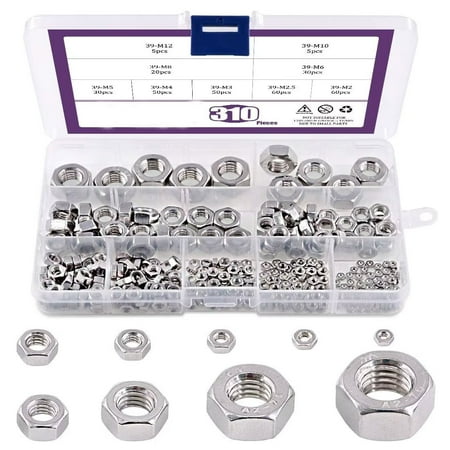 SHARKDOOK 310 Pack Metric 304 Stainless Steel Hex Nuts 9 Sizes Coarse Thread Hex Nut 9 Sizes M2 ...
