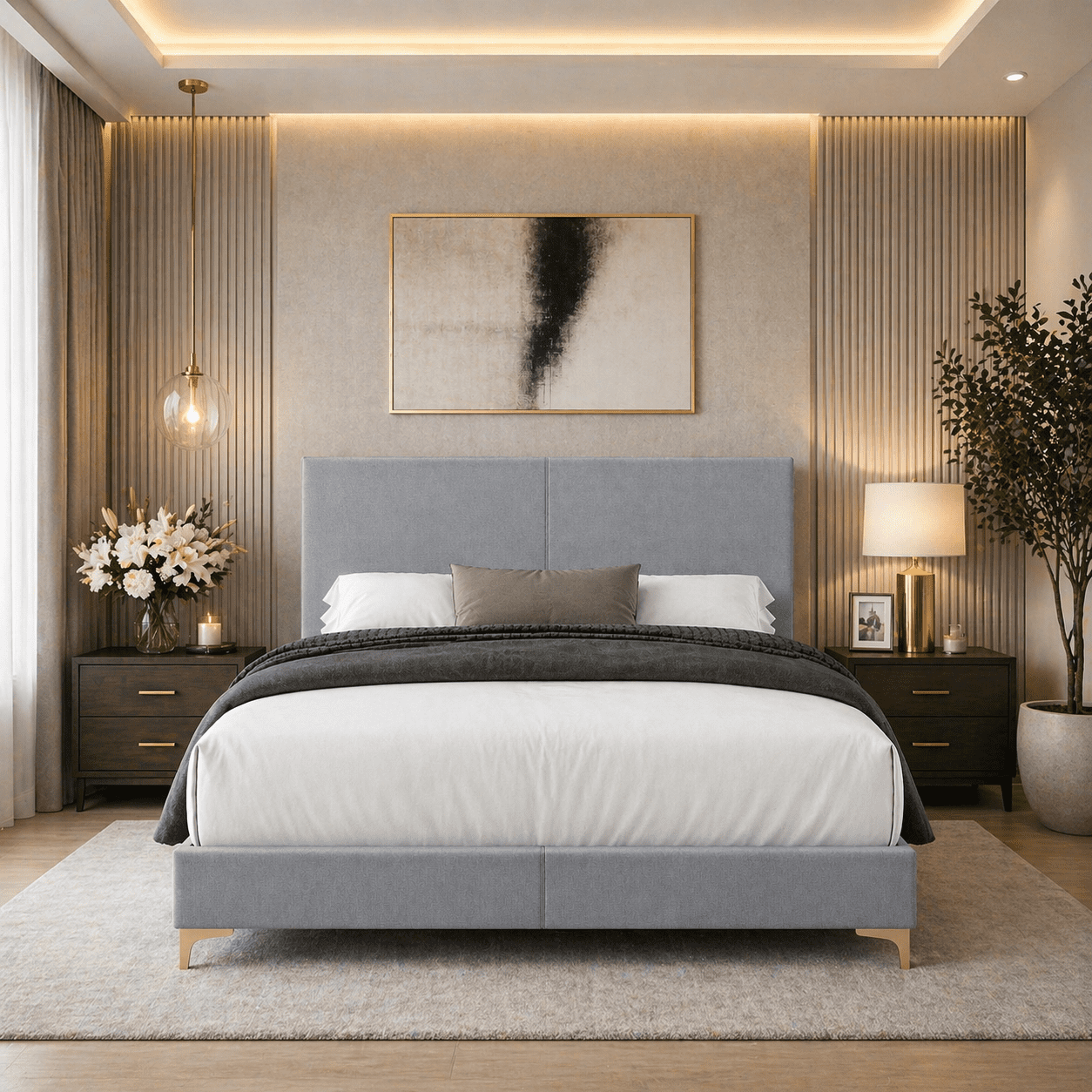 Click here for K-Living Smoke Colored Linen Fabric Queen Bed With... prices