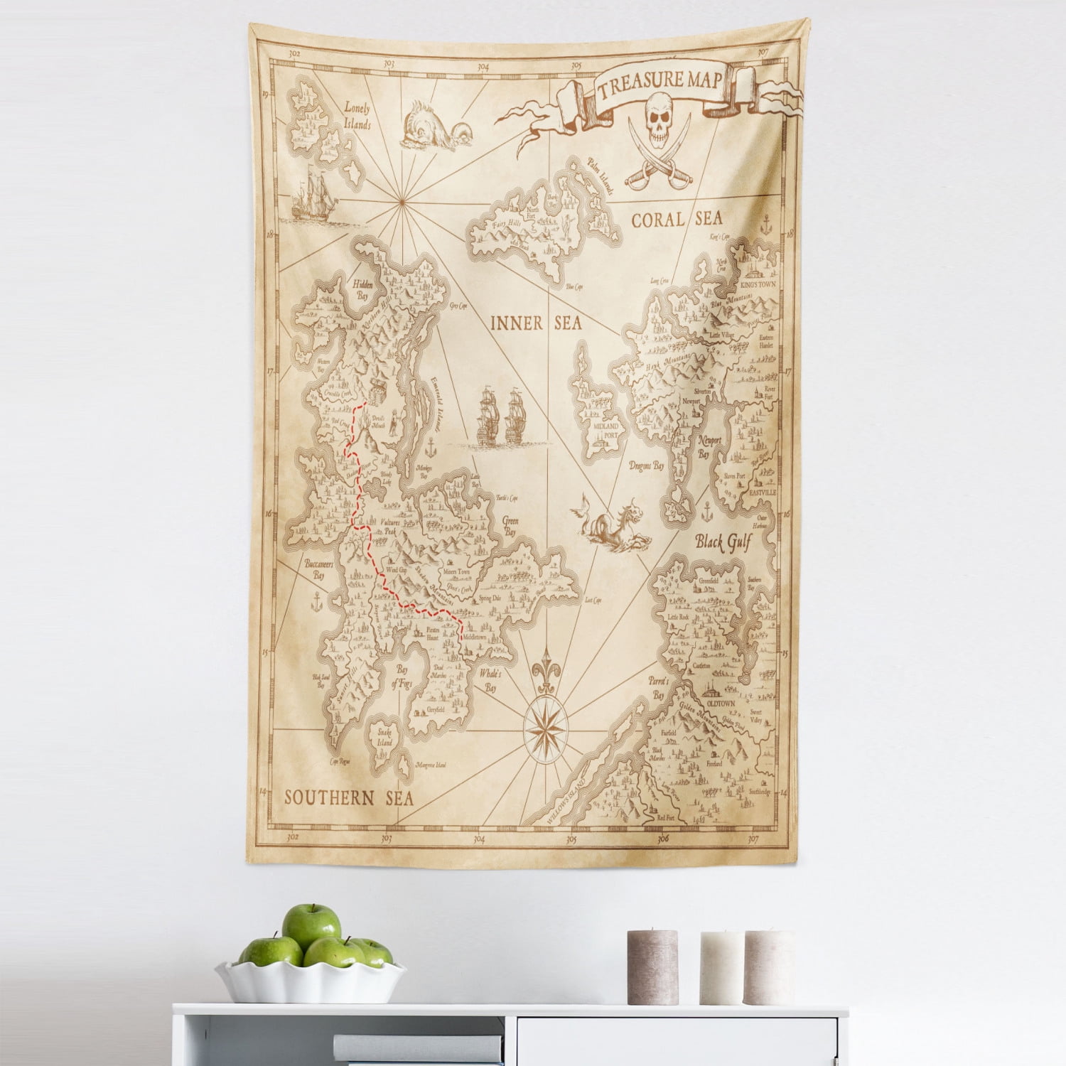 Map Tapestry, Highly Detailed Grunge Treasure Map Adventure Sailing ...