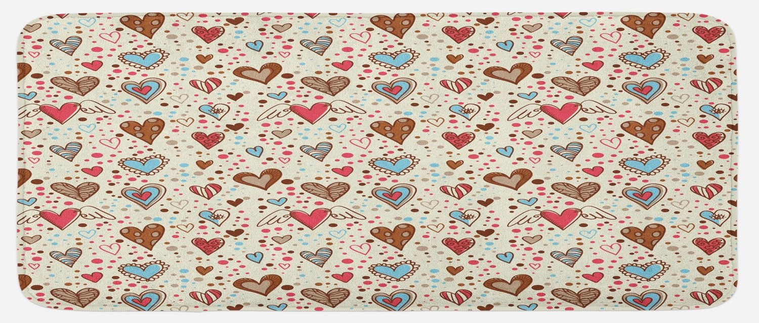 Valentines Kitchen Mat, Hand Drawn Dotted Background with Valentines ...