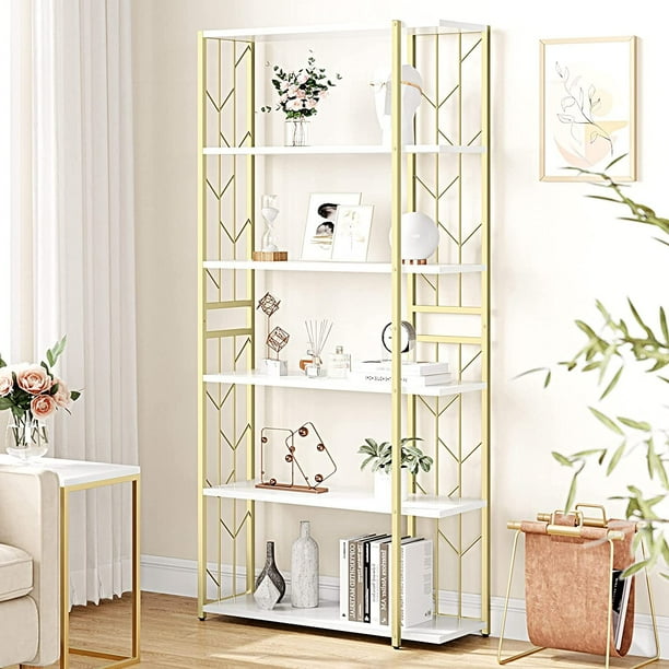 Yartaka 6 Tier White and Gold Bookshelf, Free-Standing Storage Shelf ...