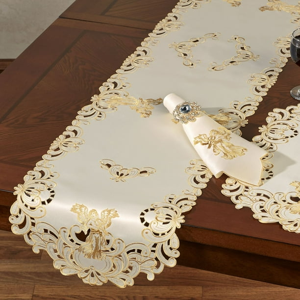 Angelica Embroidered Angel Table Runner - Ivory, Gold - Fine Table ...