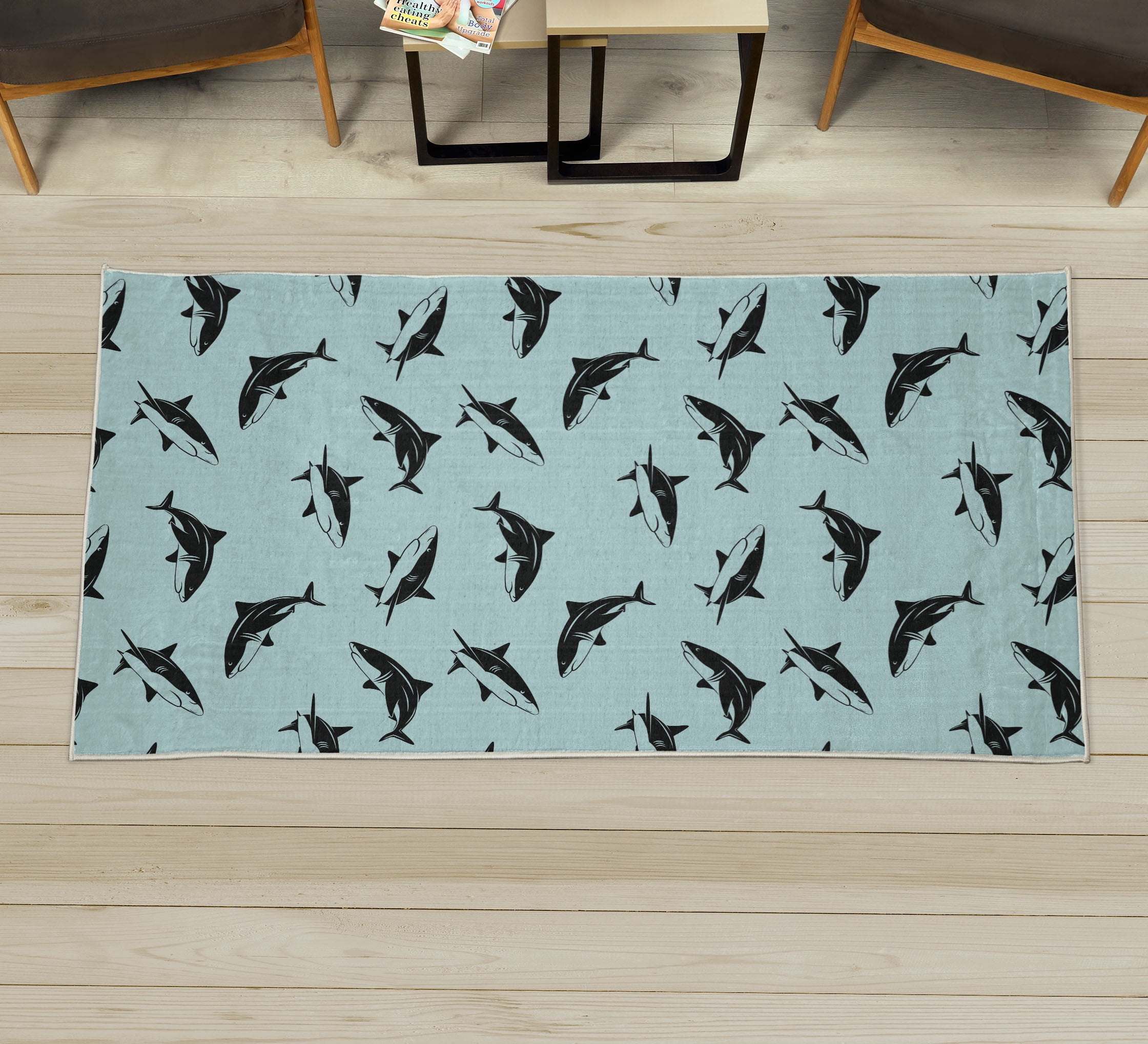 Sea Animals Decorative Rug, Repeated Cartoon Sharks Swimming to ...