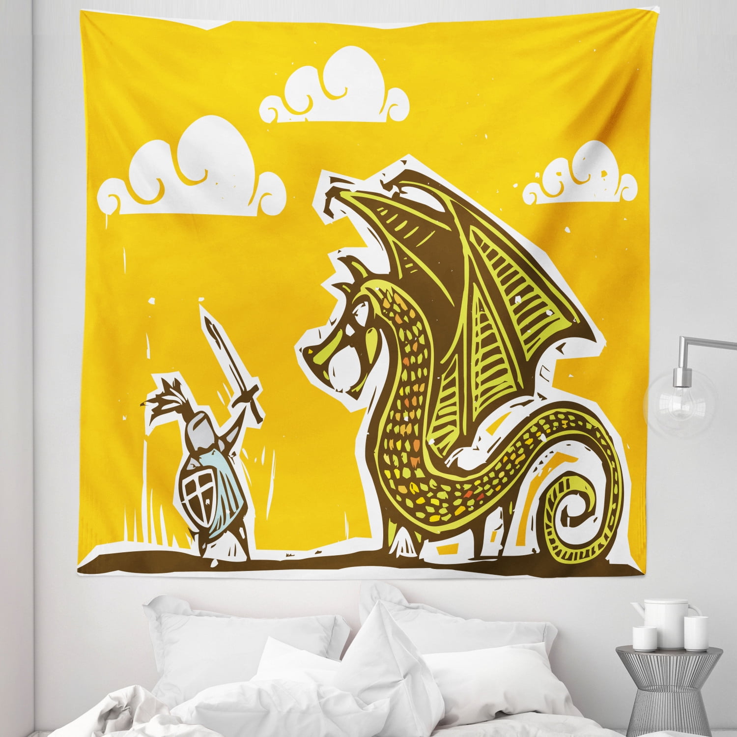 Yellow Tapestry, Knight Shield in Steel Armour Against Wings Cartoon ...