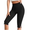 Womens Plain Capri Yoga Leggings Elastic Waist Pull On Side Slit ...