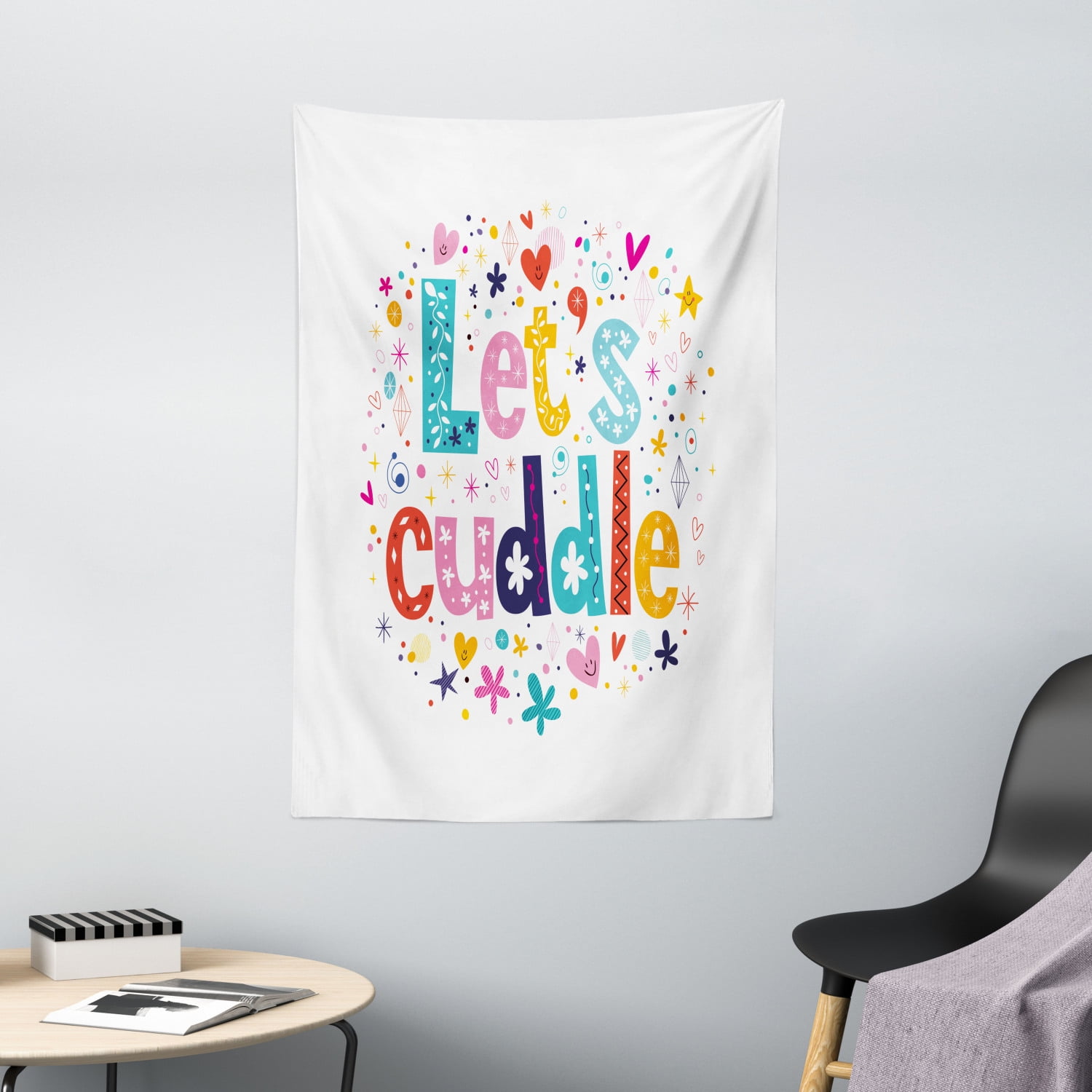 Lets Cuddle Tapestry, Colorful Doodle Illustration of Lettering with ...