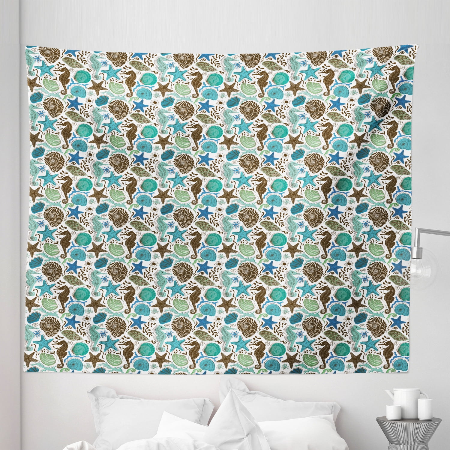 Sea Shells Tapestry, Maritime Art with Seahorse and Starfishes Hand ...