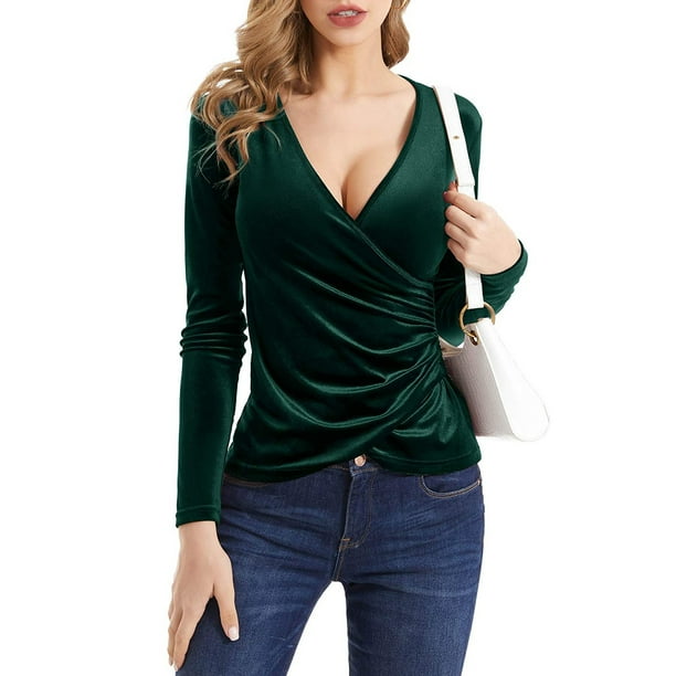 Hibro Women Deep V Neck Long Sleeve Velvet Unique Cross Wrap Sexy Slim