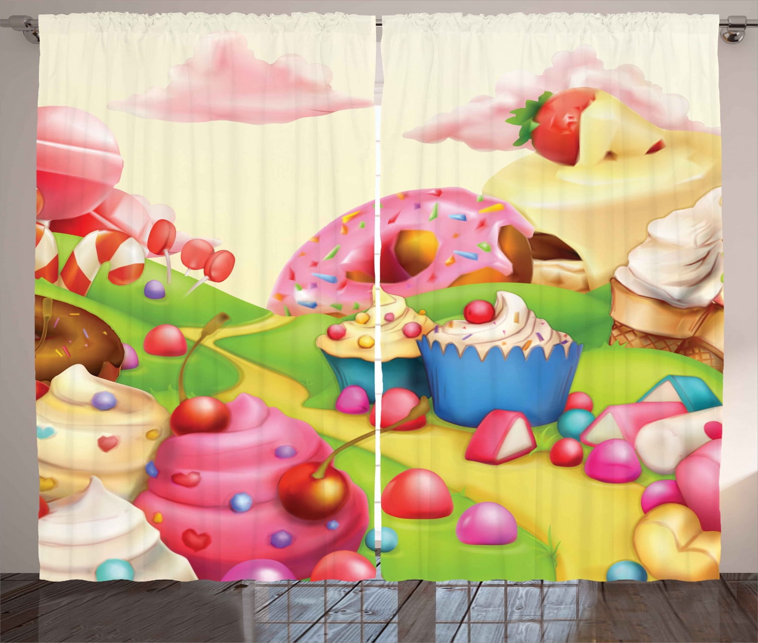 Modern Curtains 2 Panels Set, Yummy Donuts Sweet Land Cupcakes Ice ...