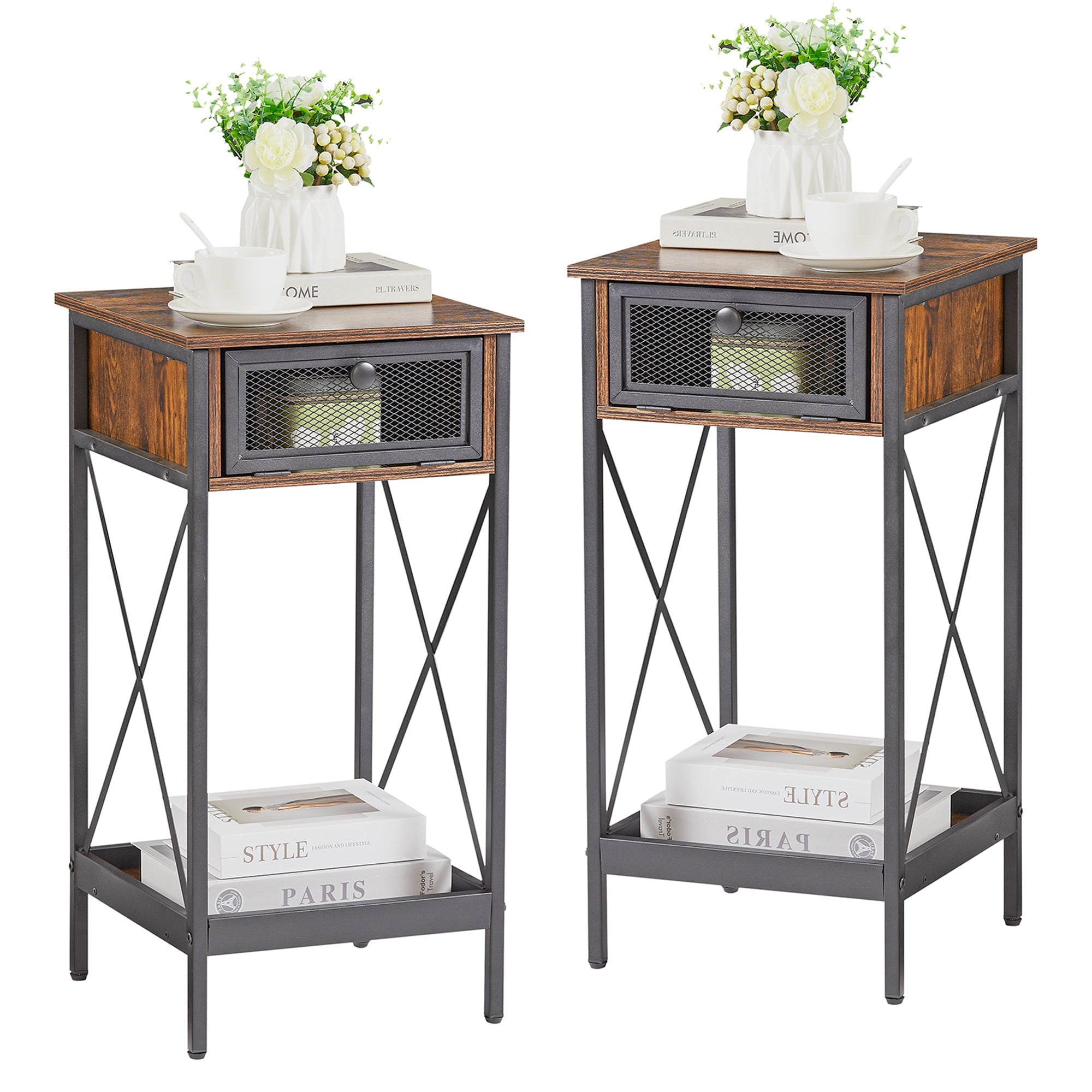 VECELO Set of 2 Nightstand with 1 Flip Drawer, Industrial End Table ...