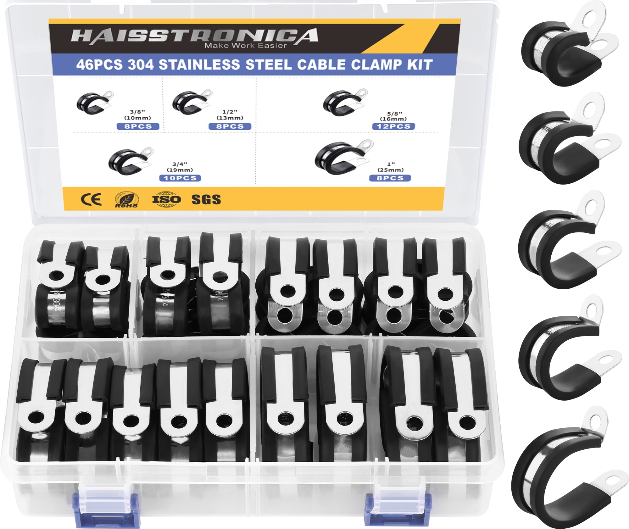 46PCS Cable Clamps Kit,Rubber Cushioned 304 Stainless Steel Hose Clamps ...