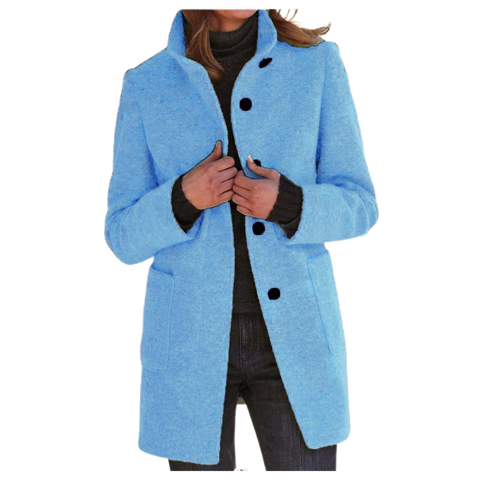 Linyuppp Womens Autumn Winter Solid Color Button Up Stand Collar Wool Coat For Stylish Ladies