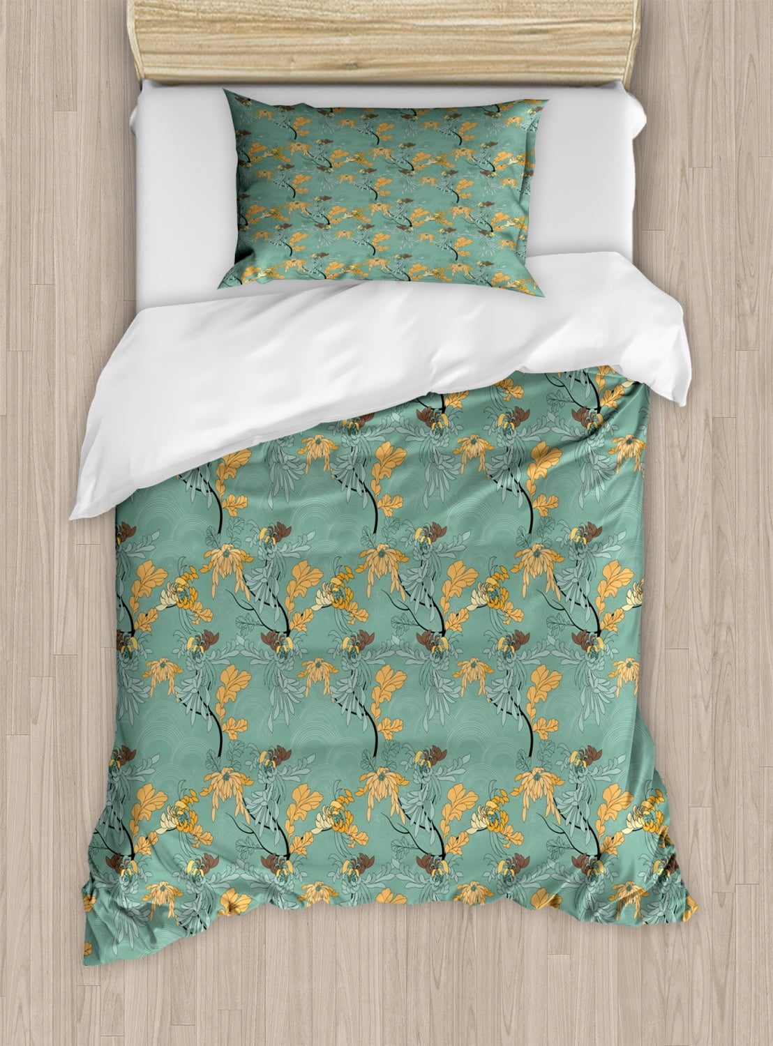 Aster Duvet Cover Set Twin Size, Leaves Japanese Motifs Earth Tones ...