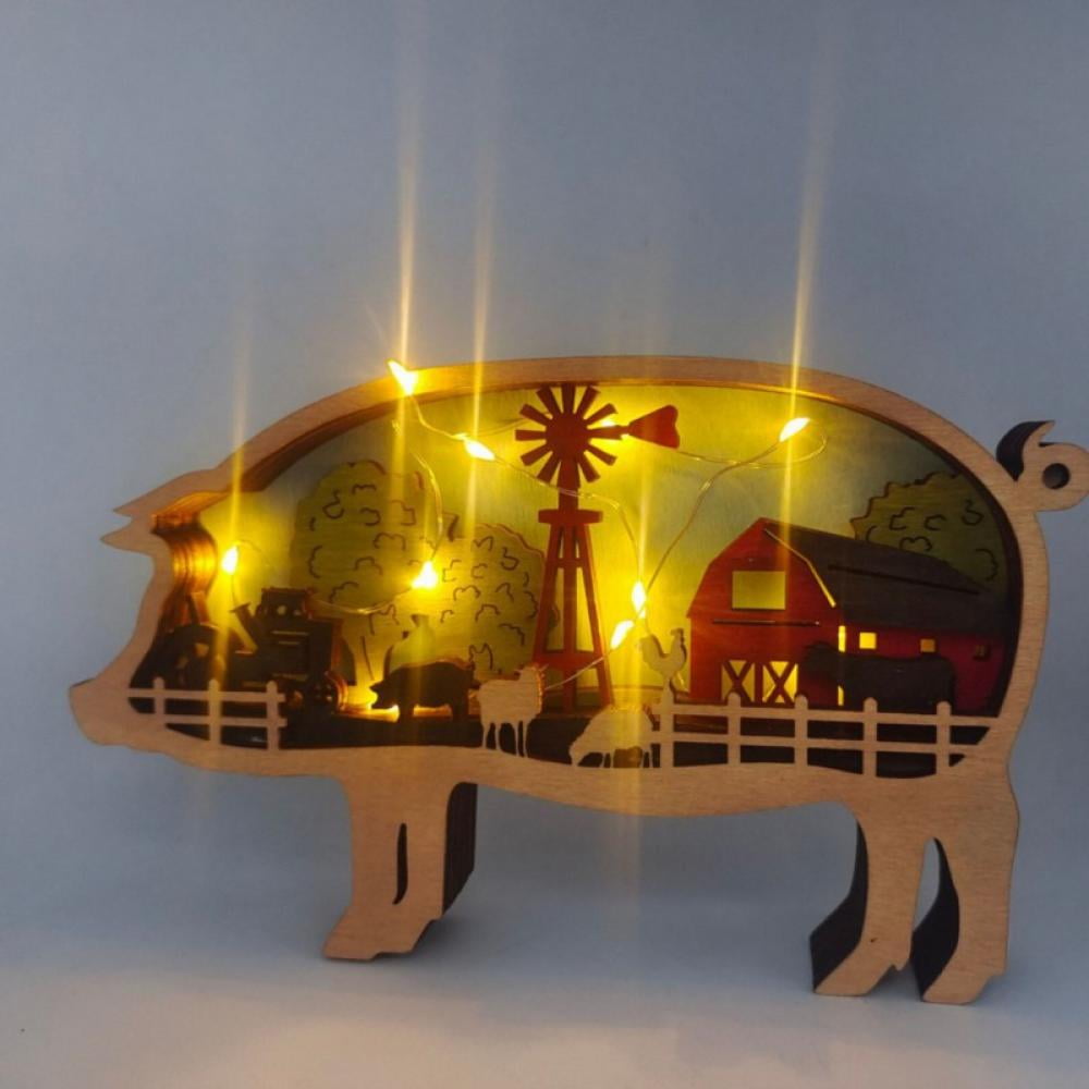 LED Farm Microlandscape Wooden Animal Craft Desktop Ornaments Home ...