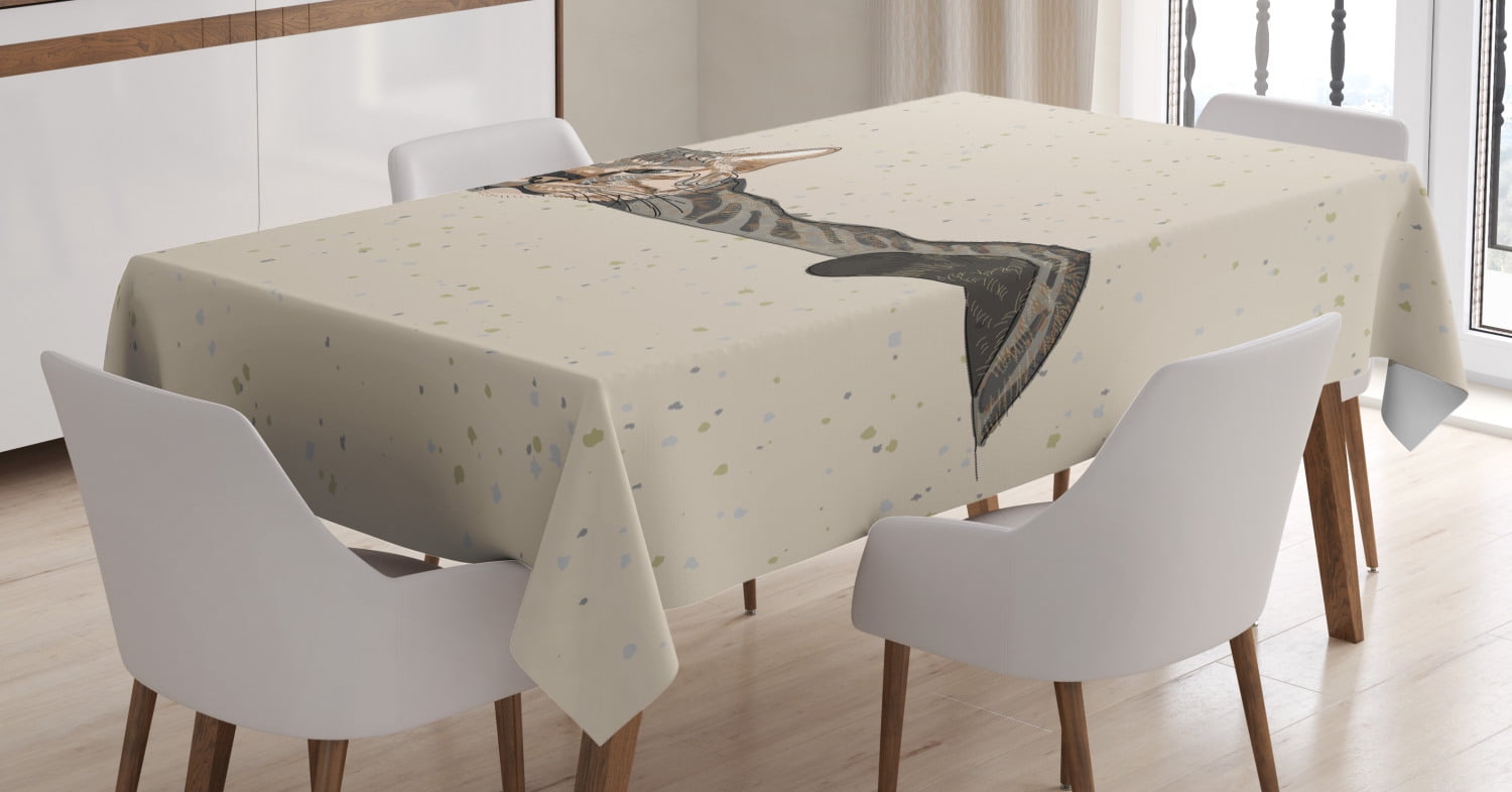 Cat Tablecloth, Lazy Sleepy Cat Figure in Earth Tones Cute Furry Mascot ...