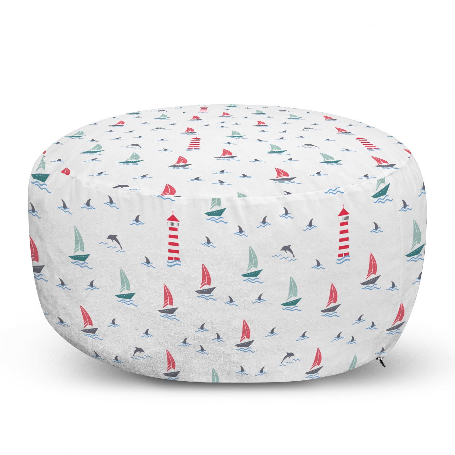 Nautical Pouf Cover with Zipper, Marine Lighthouse Dolphins Jumping ...