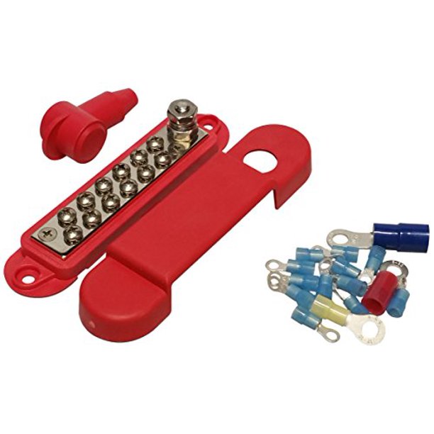 (Red) 12 Terminal Distribution Block -BUSBAR- with Ring Terminals ...