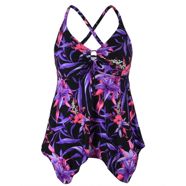 Mycoco Women's Front Tie Swim Top Cross Back Tankini Top Flowy Swimsuit ...