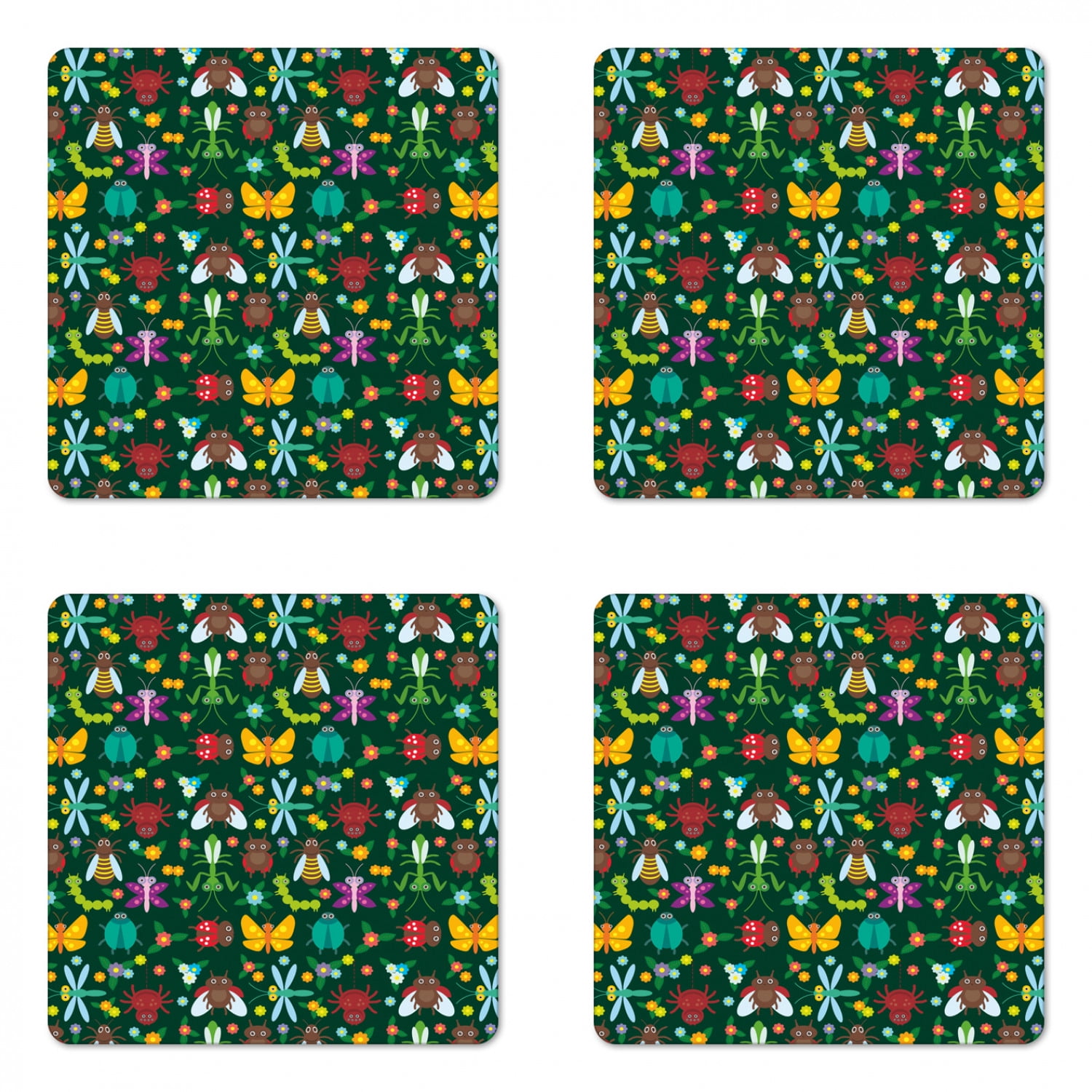Nursery Coaster Set of 4, Forest Bugs Spider Butterfly Beetle Dragonfly ...