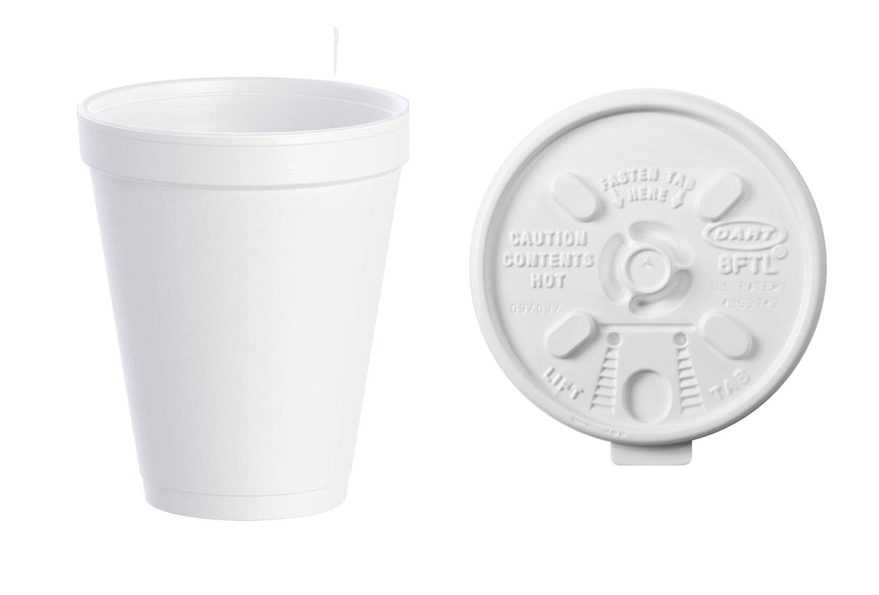 Dart 8J8 White Foam 8 Ounce Cup with Dart 8FTL Lids. Pack 50 Sets ...