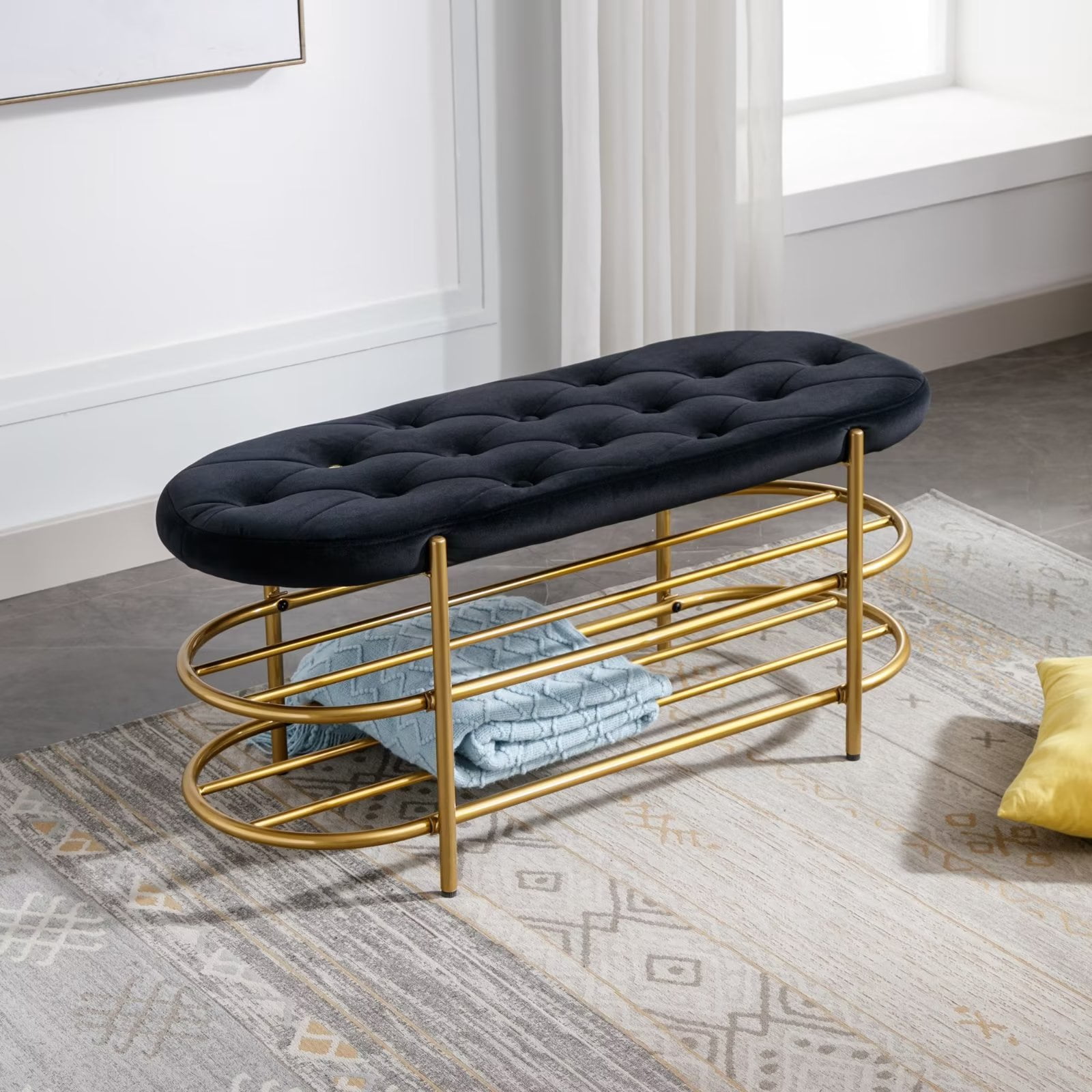 Living Room Bench, Modern Bed End Bench with 2-Tier Shoe Shelves and ...