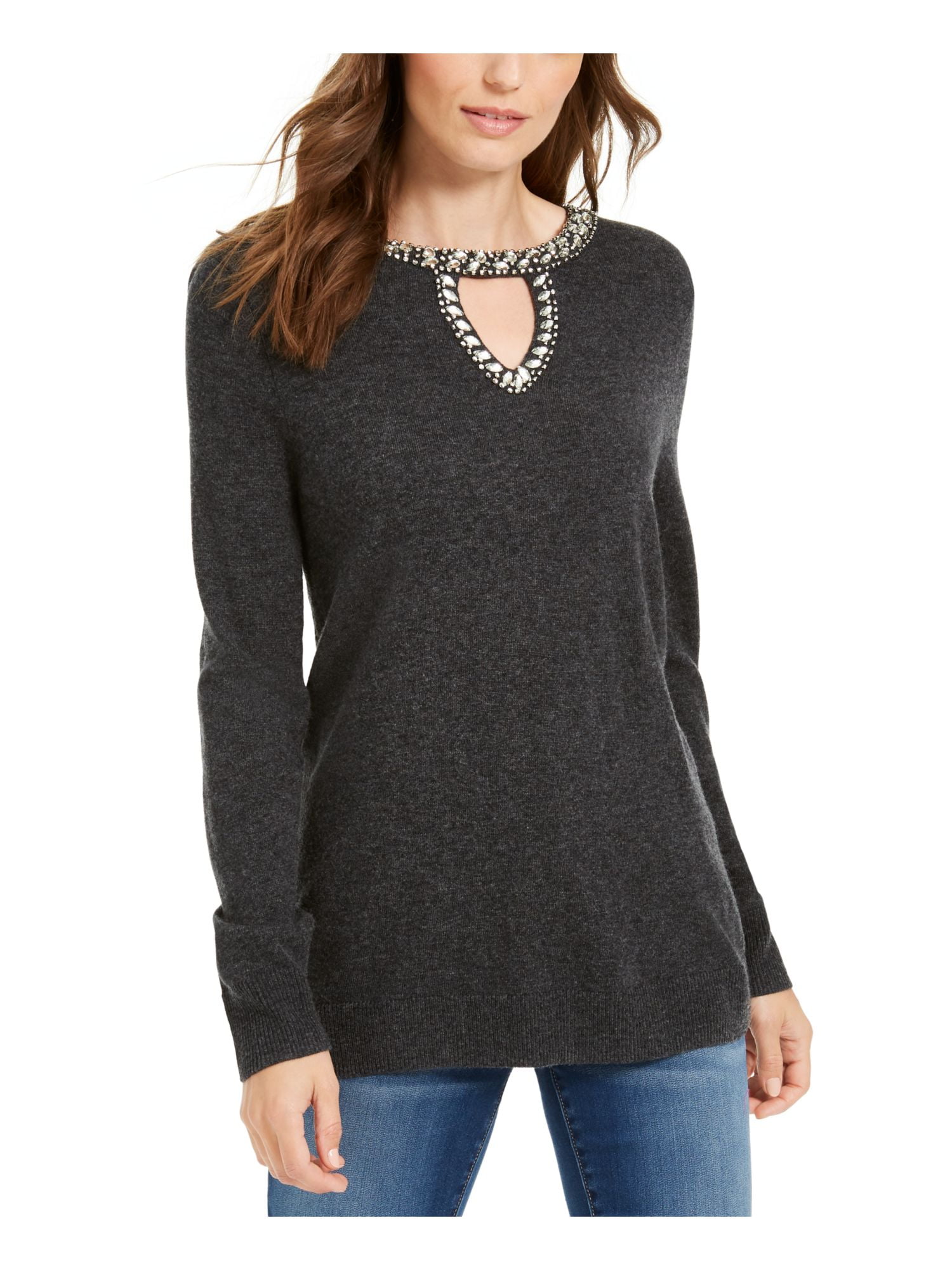 INC Womens Gray Embellished Heather Long Sleeve Keyhole Sweater XS ...