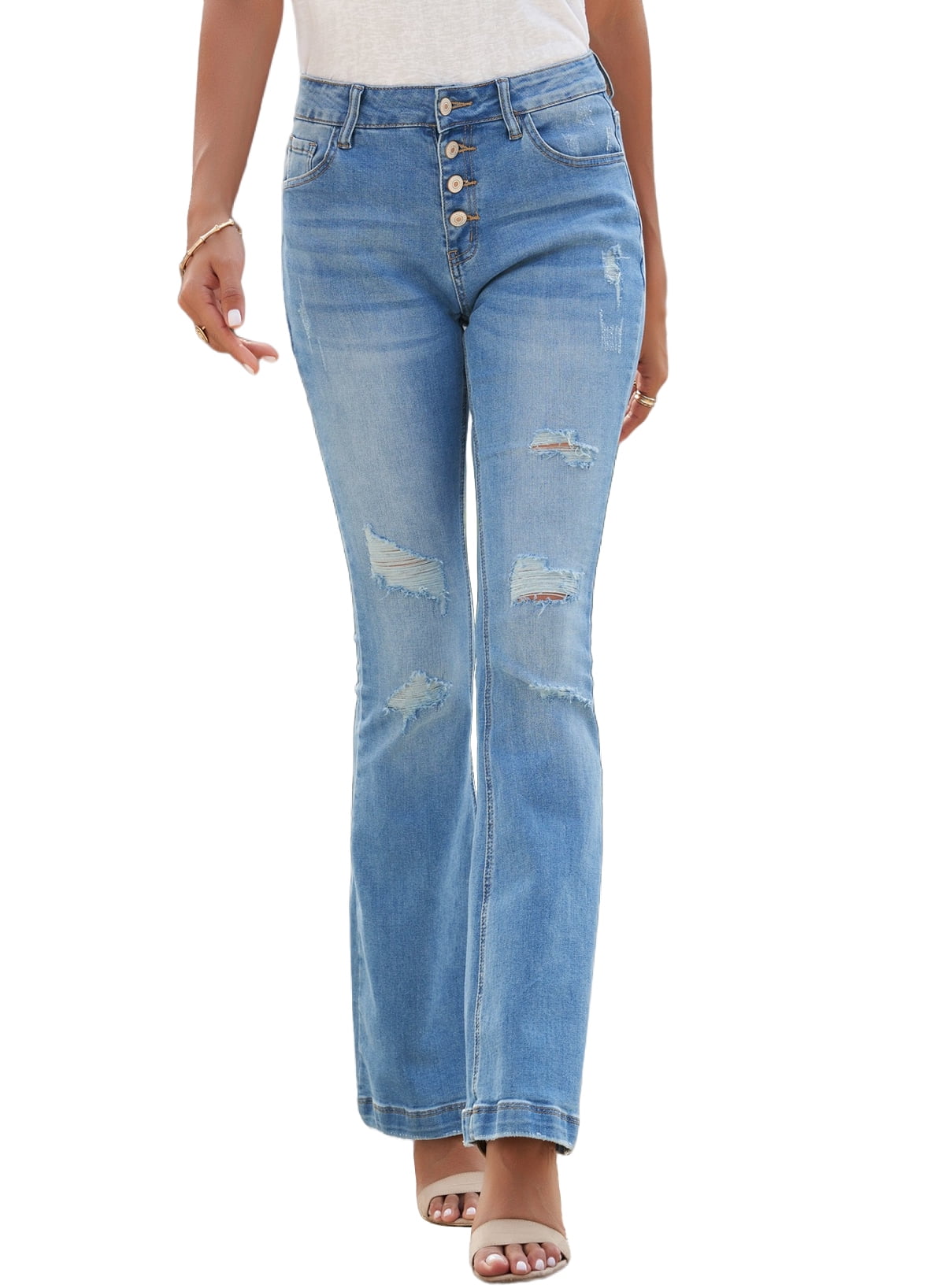 HOTAPEI Jeans for Women Ripped Flare Jeans Mid Rise Skinny Jeans Comfy ...