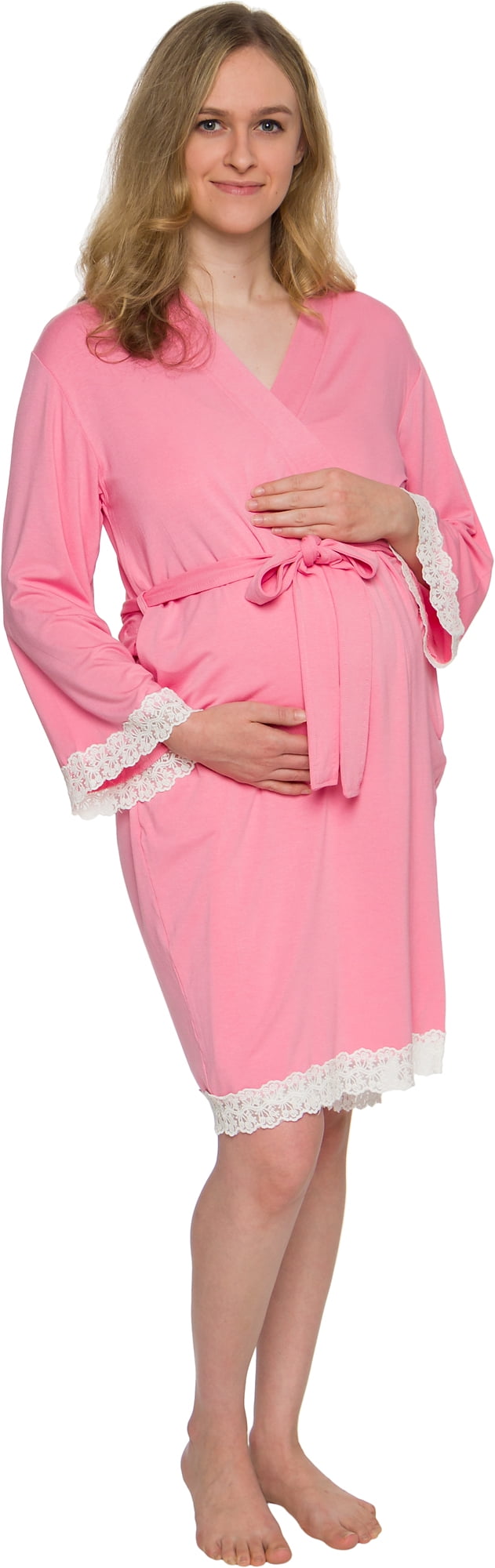 Maternity Kimono Robe w/ Lace Trim - Lightweight Labor and Delivery ...