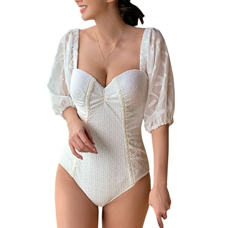 Sarkoyar Women Bikini Solid Color Pleated One-piece White See Through Swimwear for Beach ...