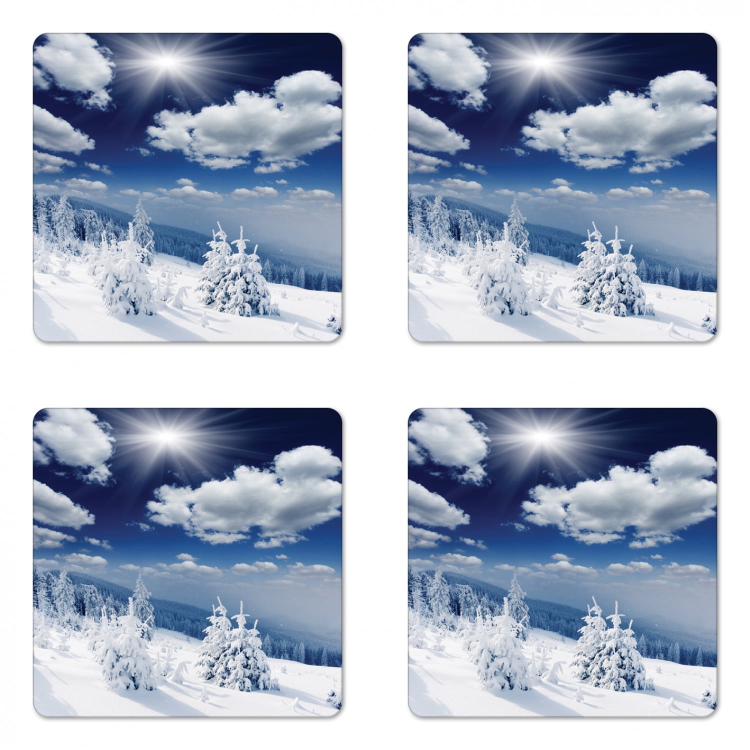 Winter Coaster Set of 4, Winter Landscape on Hills with Snowy Trees and ...