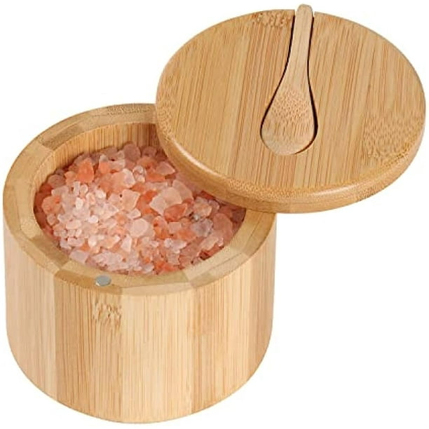 Bamboo Salt Box with Spoon, Salt cellar Salt keeper Spice Storage Box ...