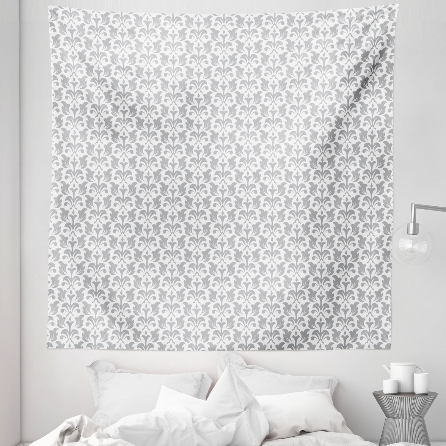 Grey and White Tapestry, Baroque Style Classy Ornamental Floral Pattern ...
