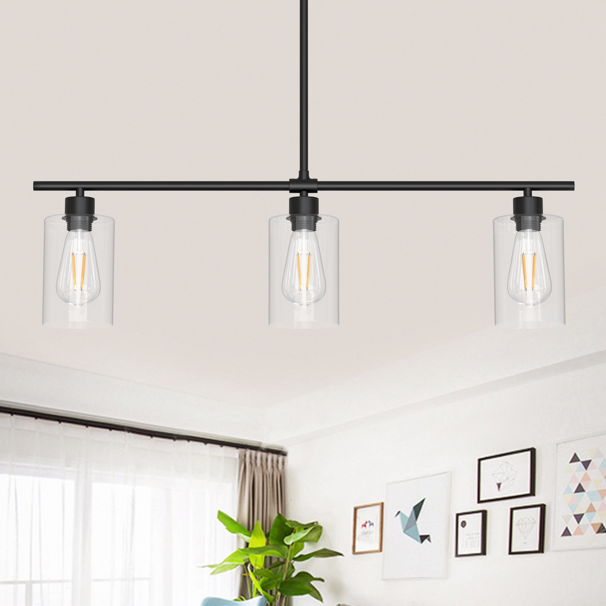 LOHAS 3-Light Black Pendant Lighting,Kitchen Island Lighting with Clear ...