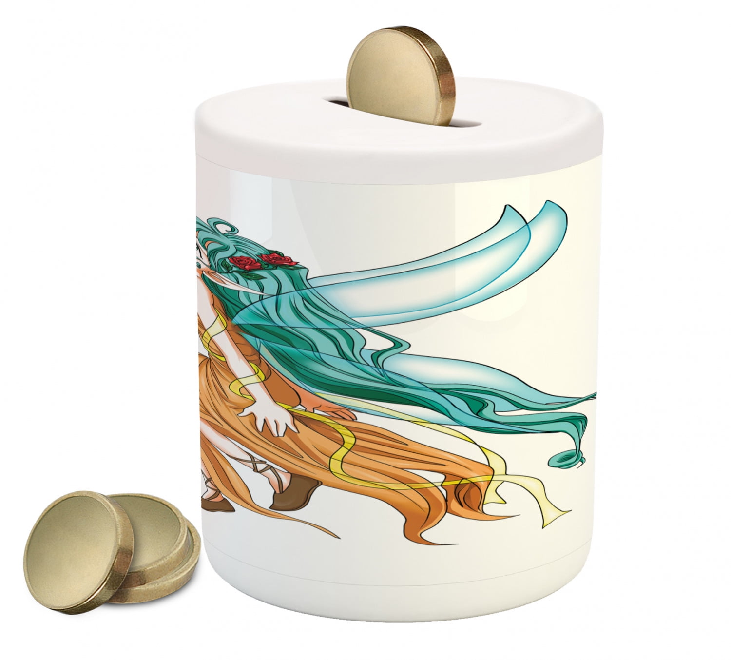 Anime Piggy Bank, Pixie Girl Caricature with a Long Green Hair and ...