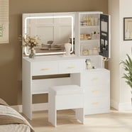 Yamissi Vanity Desk Set w/ LED Lighted Mirror, Stool, 3 Drawers, 6 ...