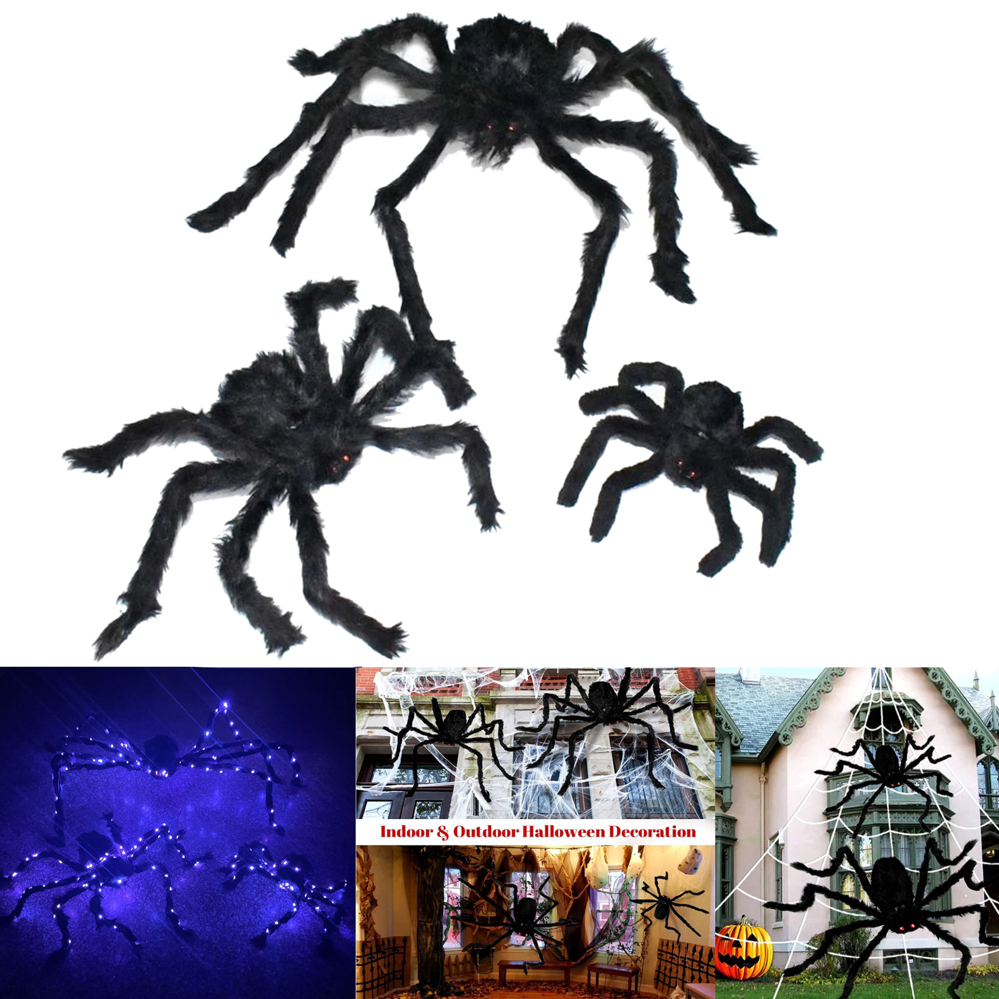 1-3 Ft. Light Up Black Hairy Spiders with Purple LED Halloween Party ...