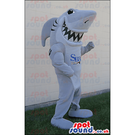 Grey Shark Sea Animal Plush SPOTSOUND Mascot With Many Logos On It ...