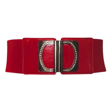 New Women True Red Color Wide Elastic Belt Gold Metal Hook Buckle L XL ...