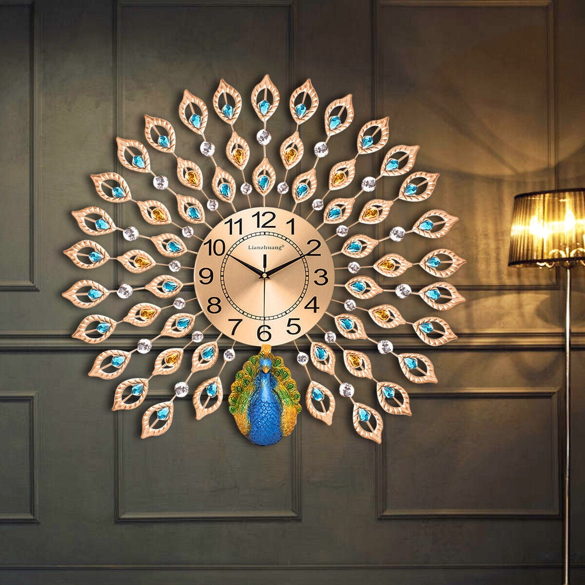 YouLoveIt 3D Crystal Diamond Peacock Wall Clock Modern Art Decorative ...