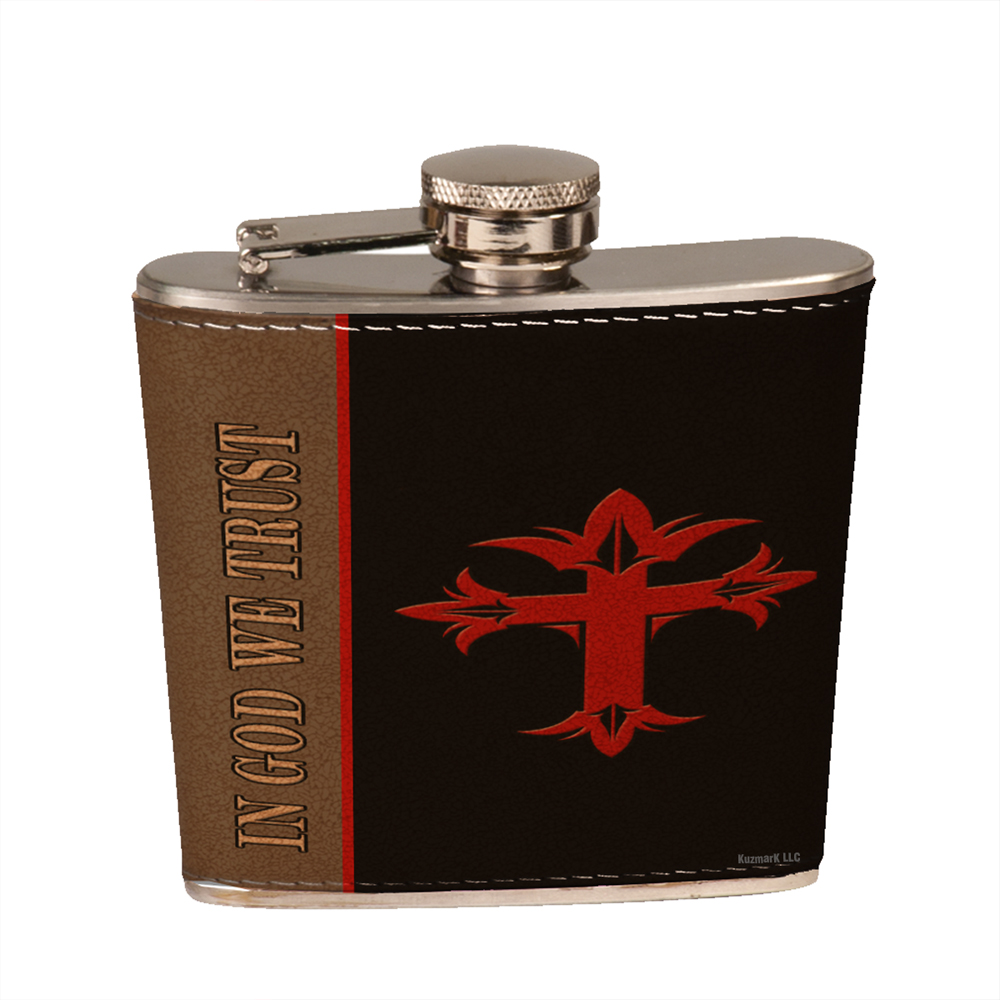 KuzmarK 6 oz. Leather Flask Set in Black Presentation Box - In God We ...