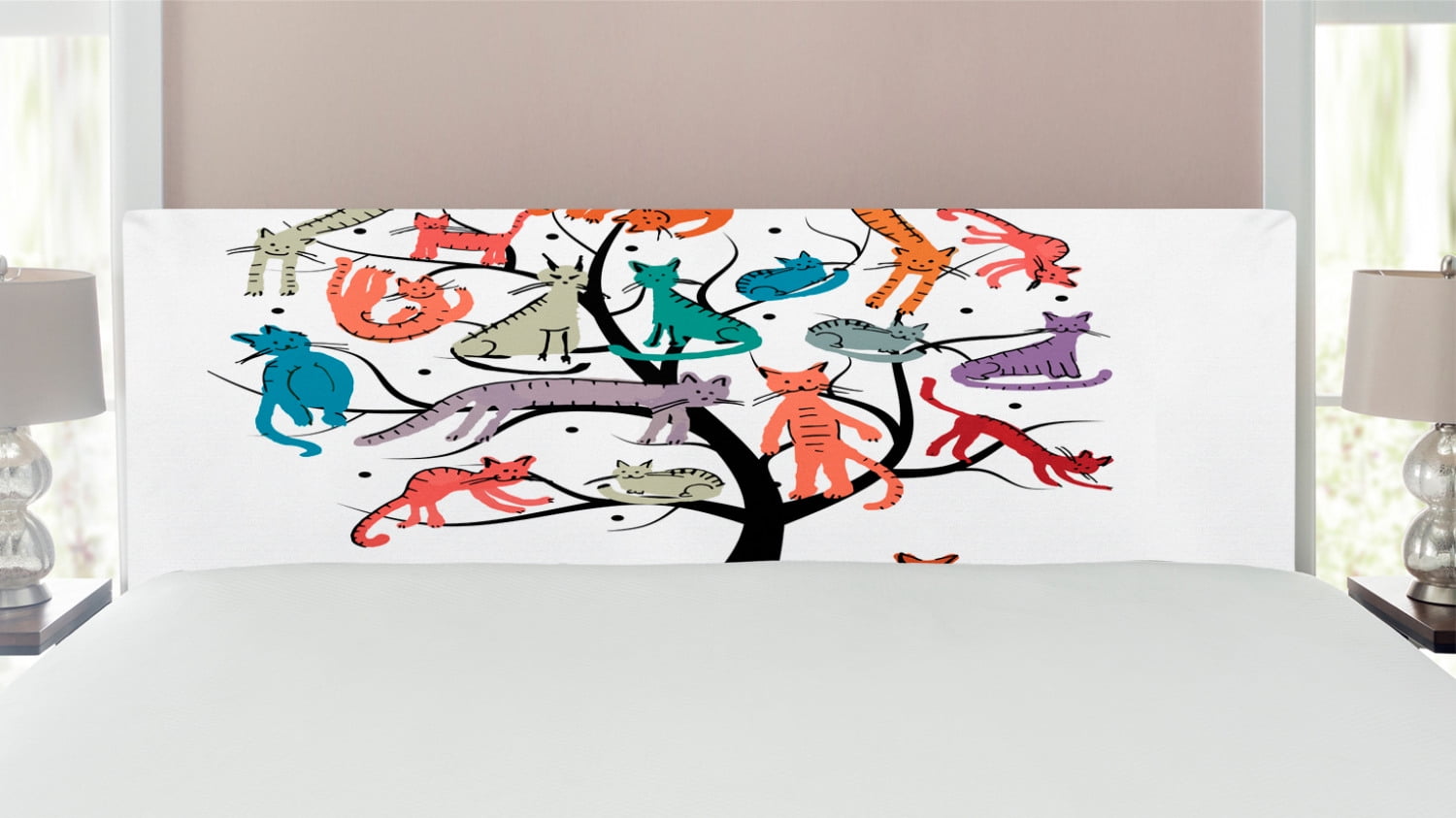 Cartoon Headboard, Cat Tree Various Kitties on the Branches Little Paws ...